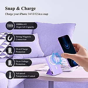 MAKEBETT Magnetic Wireless Power Bank, 10000mAh 22.5W PD Mini Foldable Magsafe Battery Pack with LED Display Wireless Portable Charger Phone Stand and USB-C for iPhone 14/13/12 Series (Purple)