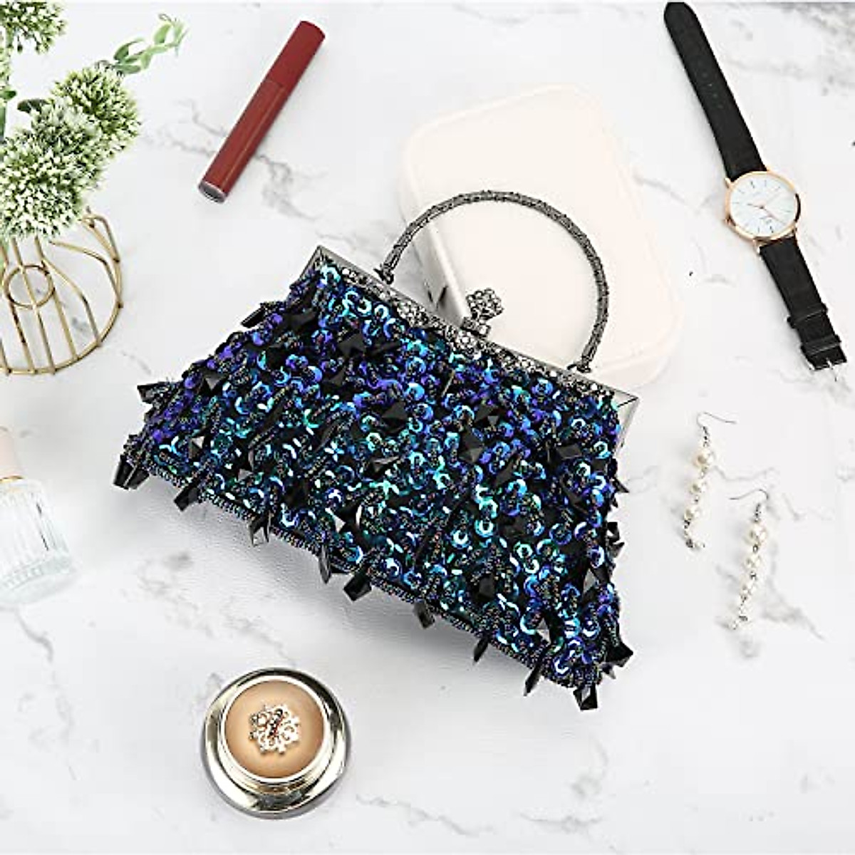Tanpell Womens Sequins Clutch Bag Fashion Diamond Evening Handbag Bridal Purse for Wedding Party (Peacock Green)