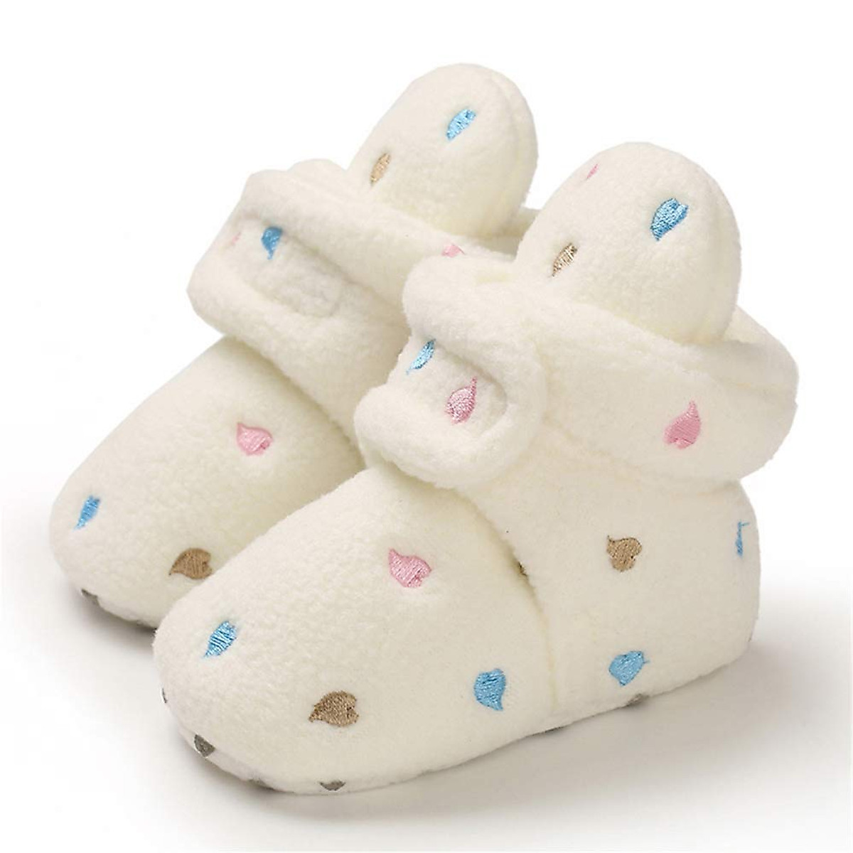 E-FAK Newborn Baby Cozy Fleece Booties with Grippers Winter Slippers Socks Soft Sole Stay On Infant First Walker Crib Shoes(00 Multi-colo&White, 0-6Months)