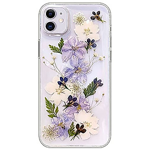 Abbery for iPhone 11 Flower case, Clear Soft TPU Flexible Rubber Pressed Dry Real Flowers Case Blue White Flower Case for iPhone 11 (Navy Flower)