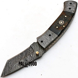 PAL 2000 KNIVES REG-8851 Custom Handmade Damascus Steel Folding Ram Handle Knife With Sheath