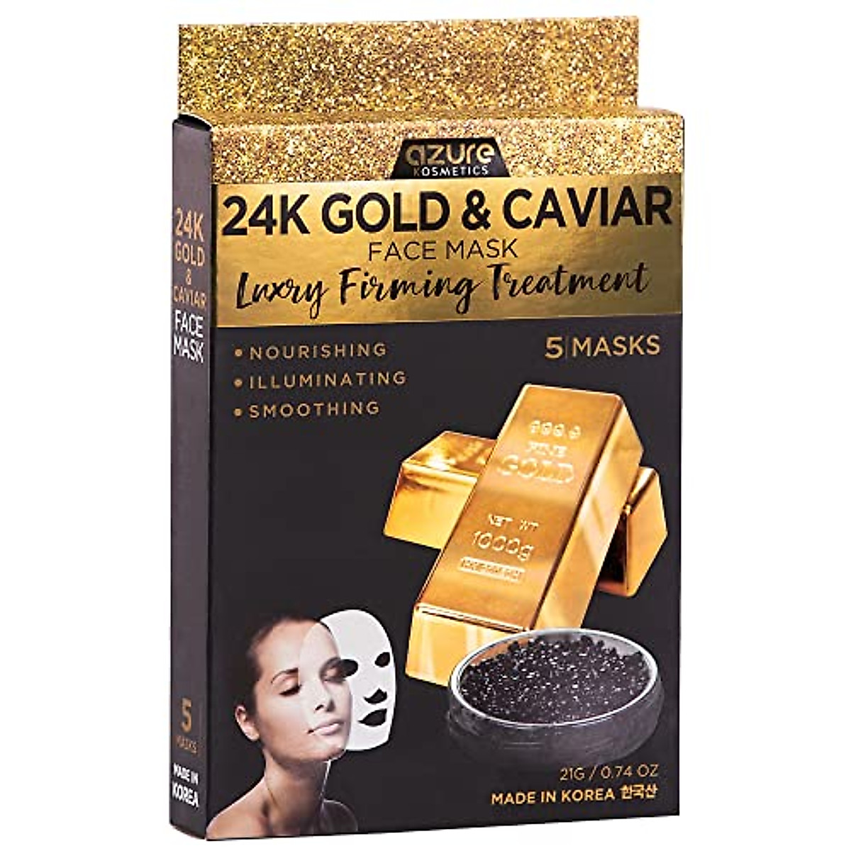 AZURE 24K Gold and Caviar Anti Aging Luxury Face Mask - Hydrating & Firming Facial Mask - Helps Reduce Wrinkles & Fine Lines - With Hyaluronic Acid & Collagen - Skin Care Made in Korea - 5 Pack