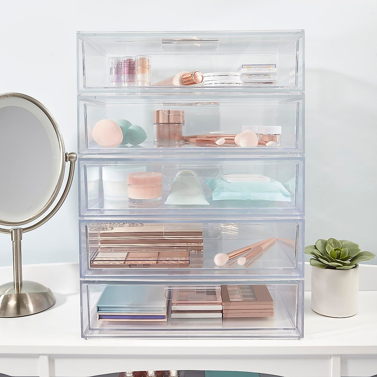 STORi Audrey Stackable Clear Plastic Organizer Drawer | 12-Inches Wide | Organize Eyeshadow Palettes, Cosmetics, and Beauty Supplies on a Vanity | Made in USA