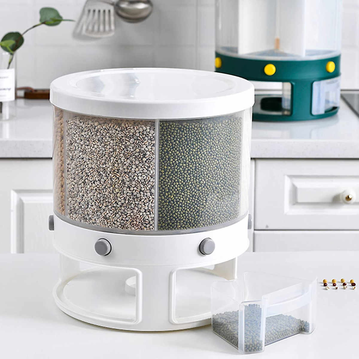Large Rotating Food Dispenser Rice Dispenser 6-Grid Rice Bucket Whole Grains Rice Container Storage with Lid Dry Food Dispenser Storage Box for Kitchen White