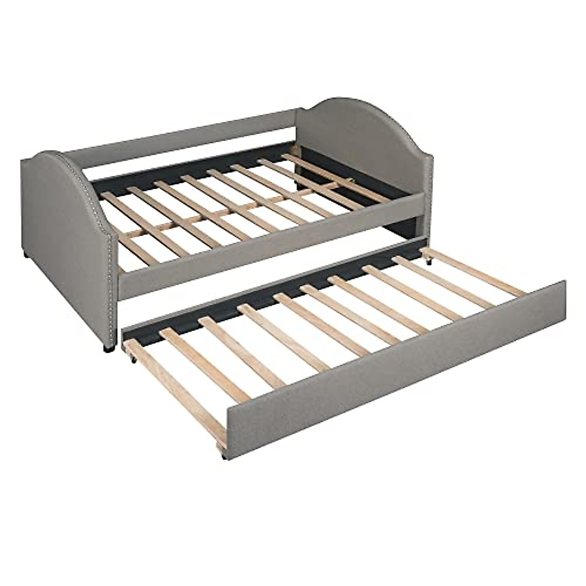 DRELOFT Full Size Upholstered Daybed with Strong Durable Pull-Out Trundle and Legs, Full Day Bed Sofa Bed with Wood Slat Support for Living Room Bedroom Guestroom, No Box Spring Needed, Gray