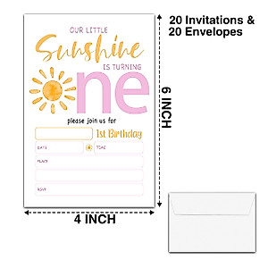 Sunshine 1st Birthday Party Invitations, 20 Invite Cards with Envelopes, 4" x 6" You're My Sunshine Birthday Invites - C10