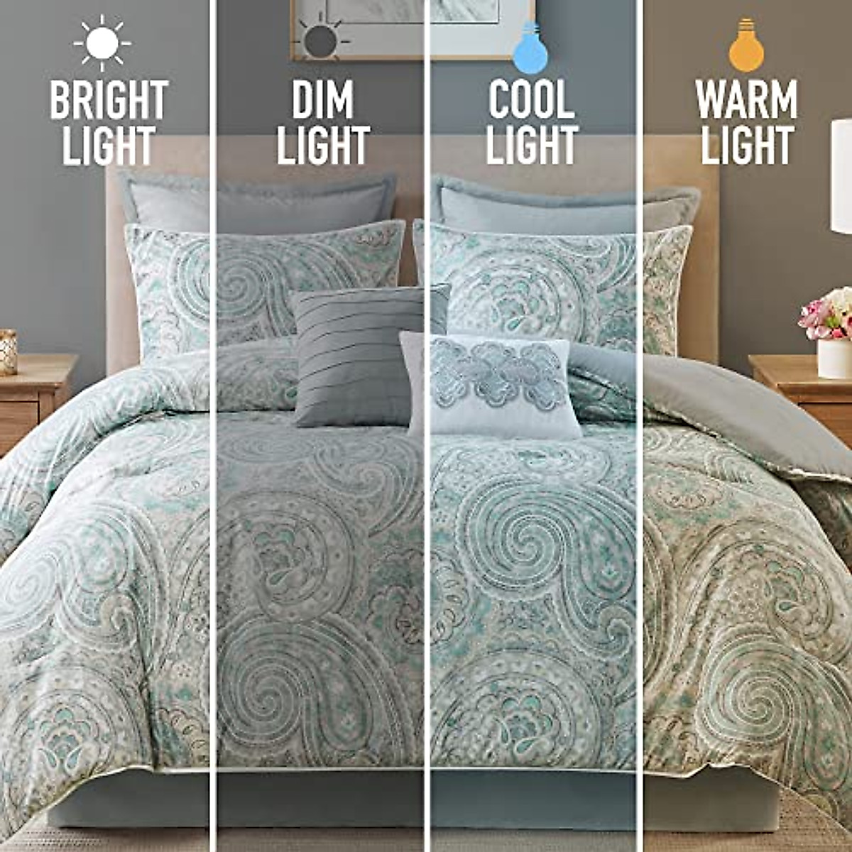 Comfort Spaces Cozy Comforter Set-Modern Classic Design, All Season Down Alternative Bedding, Matching Shams, Bedskirt, Decorative Pillows, Cal King, Kashmir Paisley Blue 8 Piece