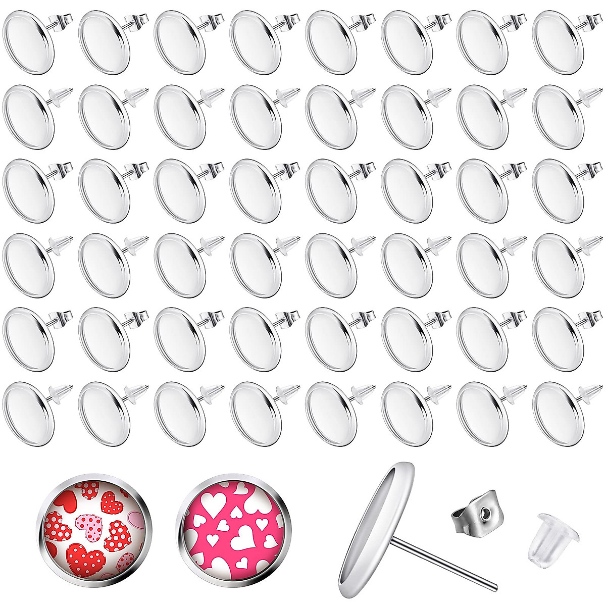 300 Pieces Stud Earring Kit Include 100pcs 12 mm Stainless Steel Blank Stud Bezel Settings 100 Rubber Backs 100 Earring Backs (Silver with Silver and Clear)