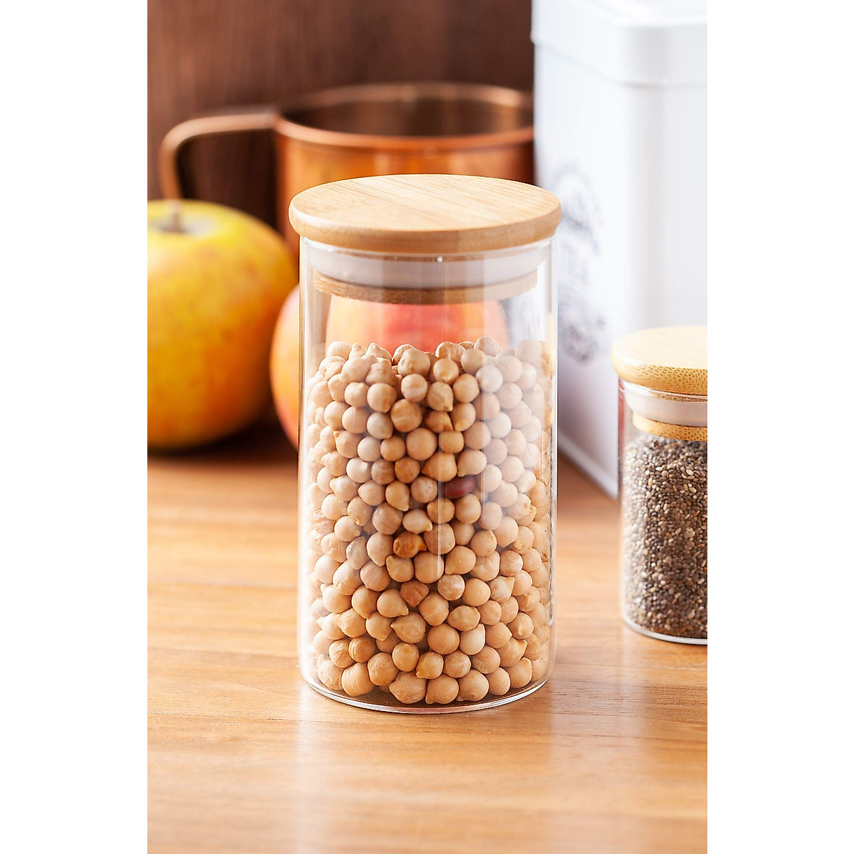 JUVITUS 10 oz Clear Glass Tall Jar with Wooden Bamboo Lid (3 Pack)