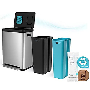 Home Zone Living 18.5 Gallon Kitchen Trash Can, Dual Removable Liners for Recycling and Trash, CleanAura Odor Control, Wide Stainless Steel Shape (10.6 + 7.9 for 18.5 Gallon Total)