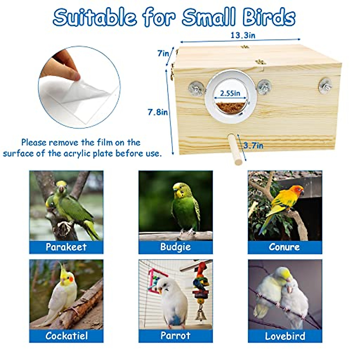 BNOSDM Parakeet Nesting Box Transparent Bird Nest Breeding Box with Perch Wood Bird House for Cage Cockatiel Budgie Lovebirds Conure Finch Parrot Small to Medium Birds (L)