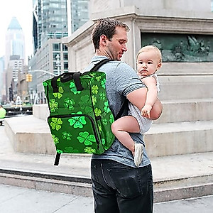 St Patrick's Day Clover Leaves Diaper Bag Backpack for Baby Boys Girls Baby Essentials Travel Tote with Stroller Straps & Bottle Storage Large Travel Diaper Backpack for Shopping Hiking Traveling