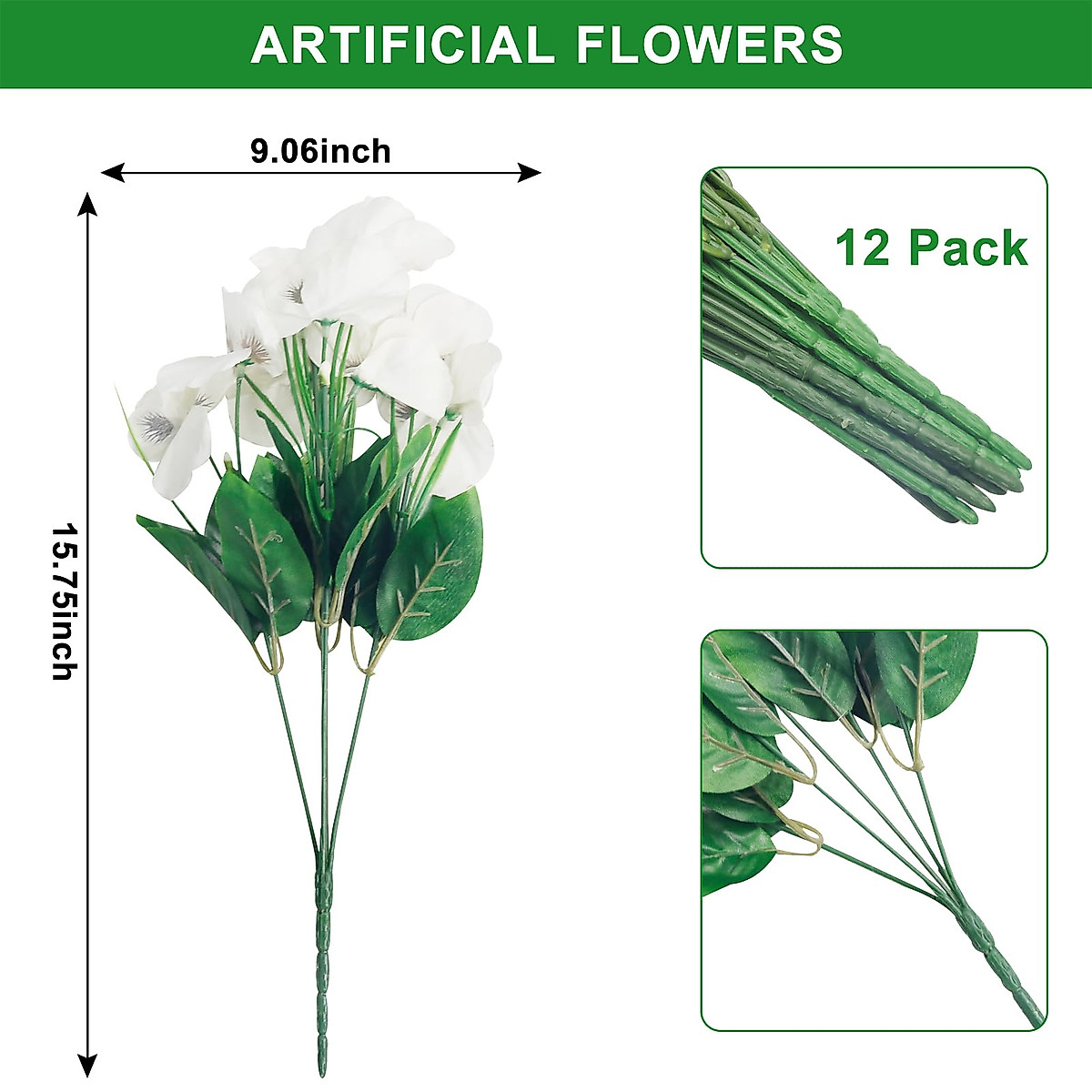 Aufind 12 Bundles Artificial Flowers, Outdoor Indoor UV Resistant Fake Flowers No Fade Faux Plastic Greenery Shrubs Garden Porch Window Box Decorating