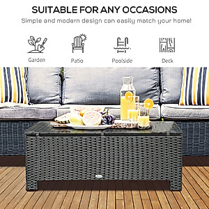 Ousunny Patio Furniture, Wicker Coffee Table, Hand-Woven PE Rattan Side Table with a Tempered Glass Top, 33.5" x 19.75", Black