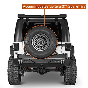 Hooke Road Offroad Rear Bumper with Spare Tire Carrier for 2007-2018 Jeep Wrangler JK & Unlimited 2/4 Doors, Built-in Hitch Receiver & LED Lights & D-rings