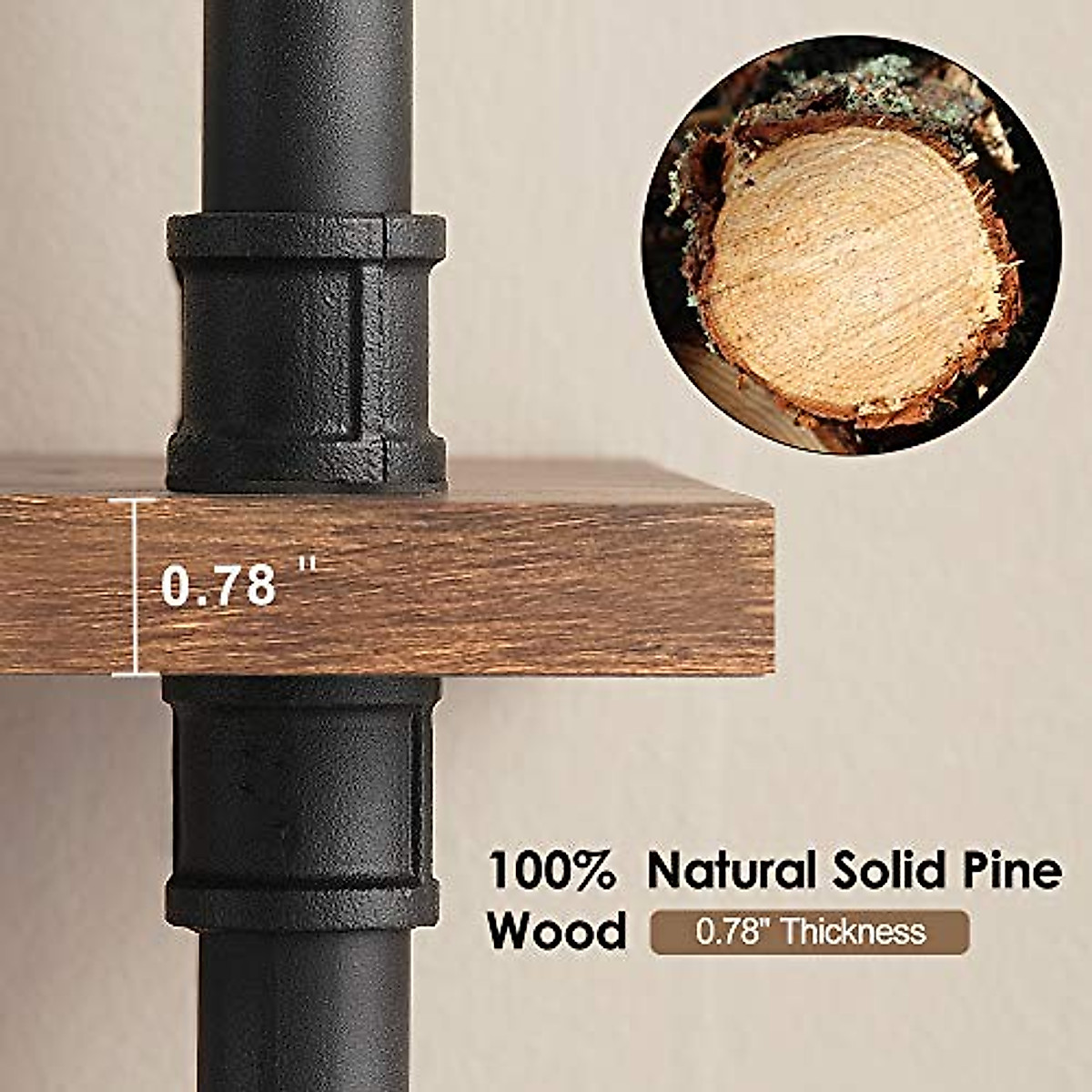 ivinta Industrial Bookcase Corner Shelf, 5 Shelf Wall Mount Pipe Bookshelf Solid Wood Shelves, Corner Standing Bookcase, Metal Display Stand