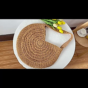 JBRUN Women Straw Woven Tote Handmade Weaving Shoulder Bag Handbag Summer Beach Large Semicircle Hobo Bag (Brown)