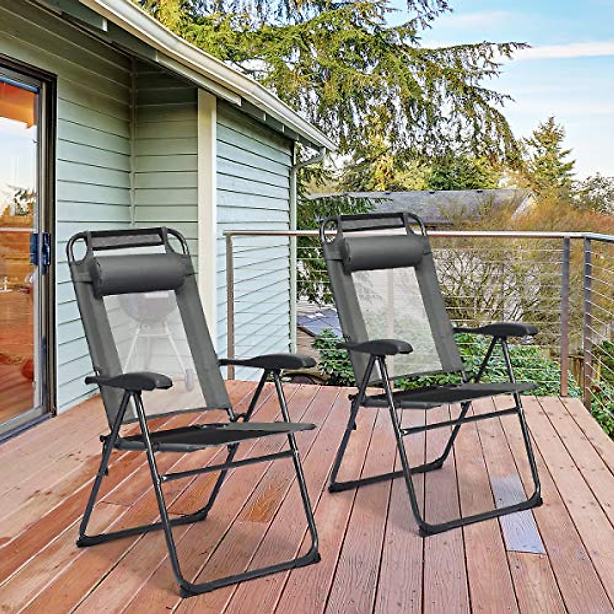 Giantex Set of 2 Patio Dining Chairs, Folding Lounge Chairs with 7 Level Adjustable Backrest, Headrest, 300 Lbs Capacity, Outdoor Portable Chairs with Metal Frame (2, Gray)