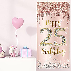 25th Birthday Door Banner Decorations for Women, Pink Rose Gold Happy 25 Birthday Backdrop Sign Party Supplies, Large 25 Year Old Birthday Poster Door Cover Decor