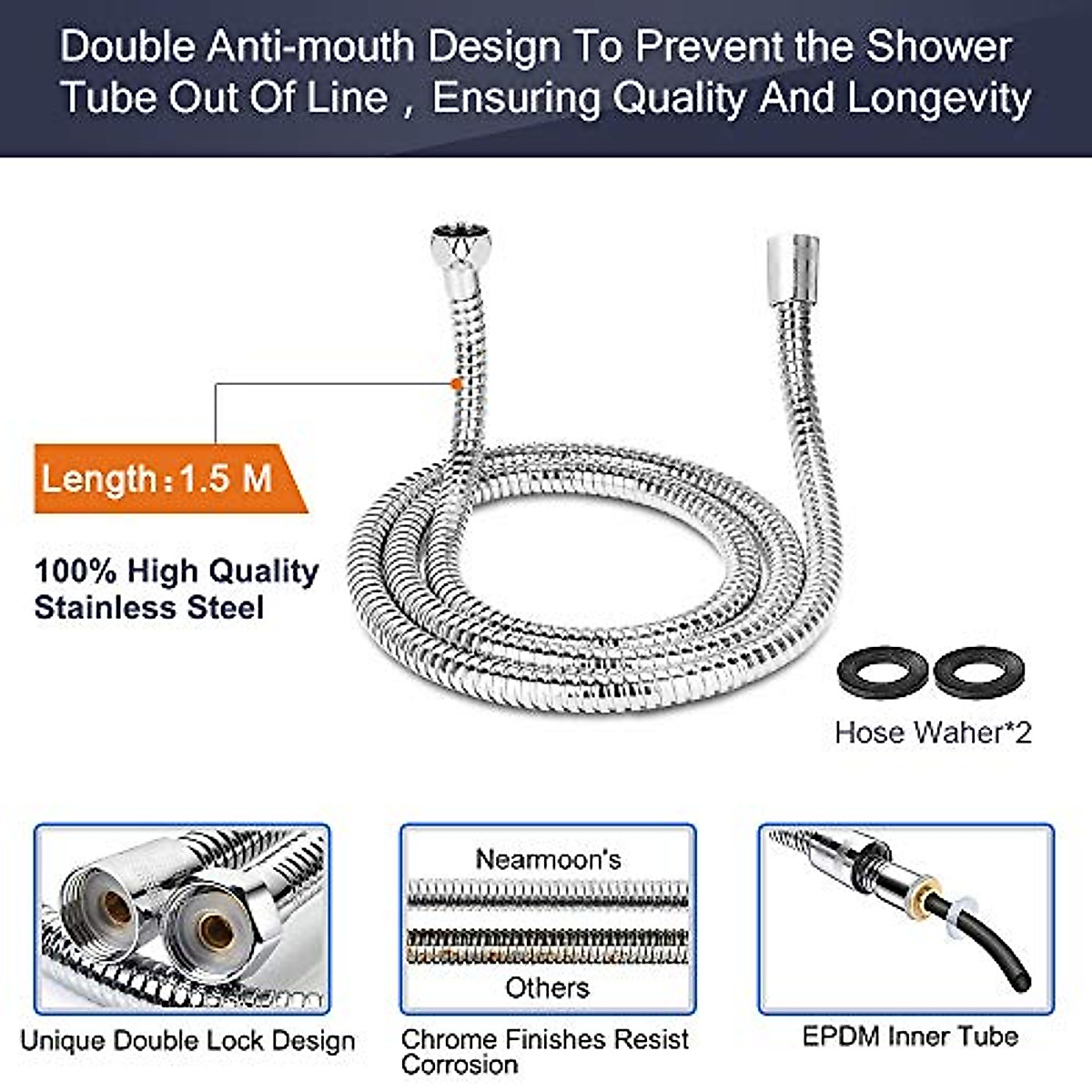 Brass Hand Held Shower Head, Luxury High Pressure Showerhead Kit with Wall Connector and Hose Set, for Bathroom Showering System Contemporary Square Style (Chrome Finish)