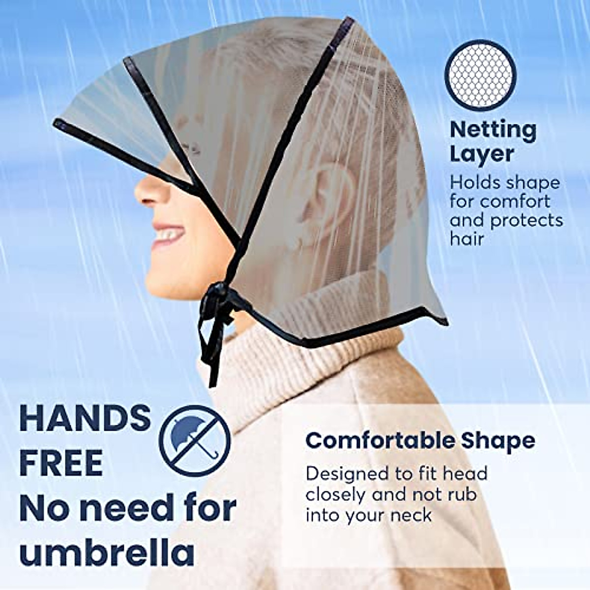 Premium Waterproof Rain Bonnet Hat with Full Cut Visor & Netting - Stay Dry Rain Protection for Men or Women - Black (Unisex)