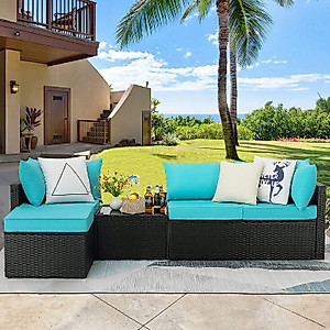 VITESSE Patio Furniture Sets All Weather Outdoor Sectional Sofa Manual Weaving Wicker Rattan Patio Conversation Set with Cushion and Glass Table (5 Pieces, Light Blue)
