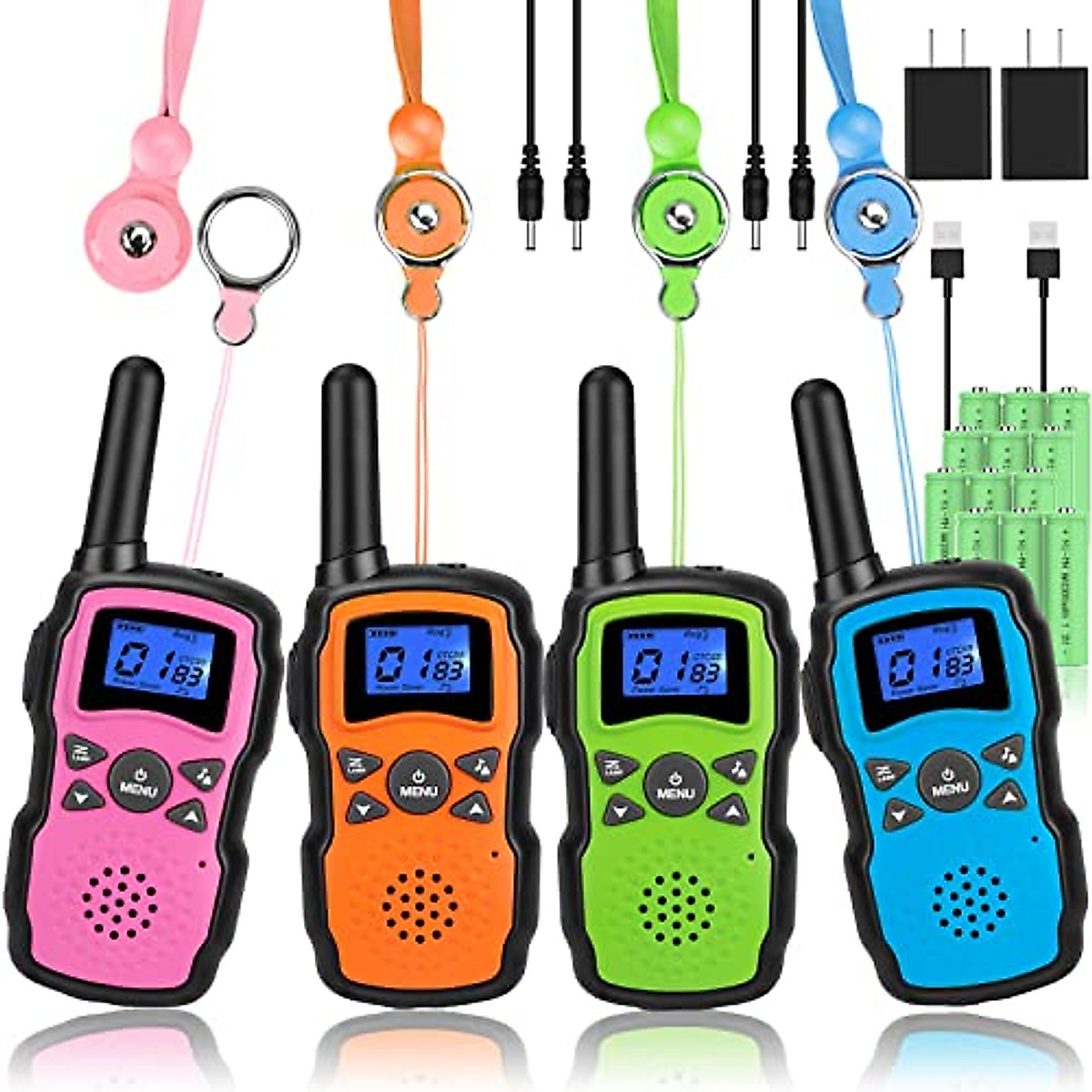 Wishouse Walkie Talkies for Adults, Walky Talky for Kids 4 Pack Rechargeable Long Range with 2 USB Chargers 12000mAh Battery Flashlight Lanyards, Toys Xmas Birthday Gift Children Boys Girls Family