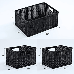 HOONEX Large Wicker Baskets for Storage, Woven Plastic Baskets for Organizing with Dual Handles, Baskets for Storage, Set of 3, Black