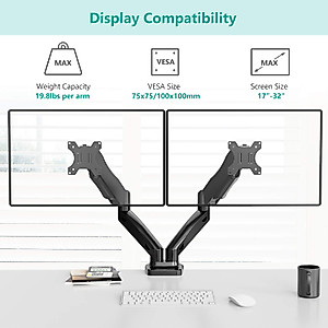 WALI Dual Monitor Stand Arms Mounts, for 2 Monitors, Fully Adjustable Gas Spring Desk Mount Swivel Mounting Holes Bracket with C Clamp, Grommet Base for Display Up to 32 Inch,19.8lbs. (GSMP002), Black