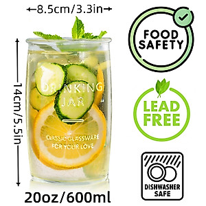 Dingerjar 20 OZ Glass Cup Set of 6, Elegance Modern Simplicity Drinking Glasses Tumblers for Cold Drinks, Cocktails, and Beverages.