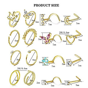 EVISPOL 16Pcs 20G Nose Piercing Jewelry for Women Men, Stainless Steel Nose Rings Hoops CZ Nose Studs Butterfly Moon Nose Screws L Shape Nose Piercings (Gold-16Pcs)