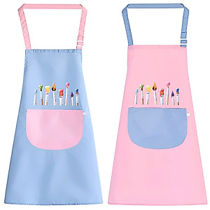 JJYHEHOT 2 Pack Children's Apron, Pink and Blue Cute Kids Apron, Adjustable Waterproof Apron with Big Pocket, Girls Boys Bib Aprons for Painting Crafting Cooking Baking