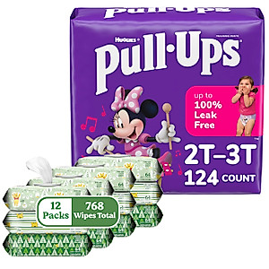 Pull-Ups Girls Training Pants & Wipes Bundle: Pull-Ups Training Pants for Girls Size 2T-3T, 124ct & Huggies Natural Care Sensitive Wipes, Unscented, 12 Packs (768 Wipes Total) (Packaging May Vary)