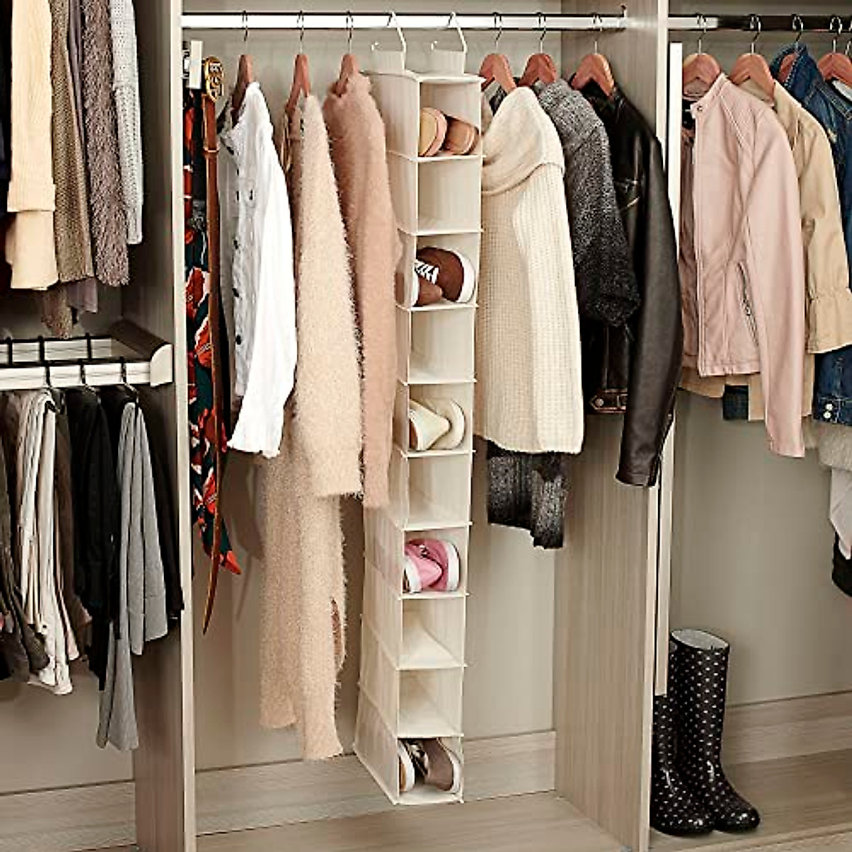 Household Essentials 311322 Hanging Shoe Storage Organizer for Closets |10 Pocket Shelves | Natural Canvas