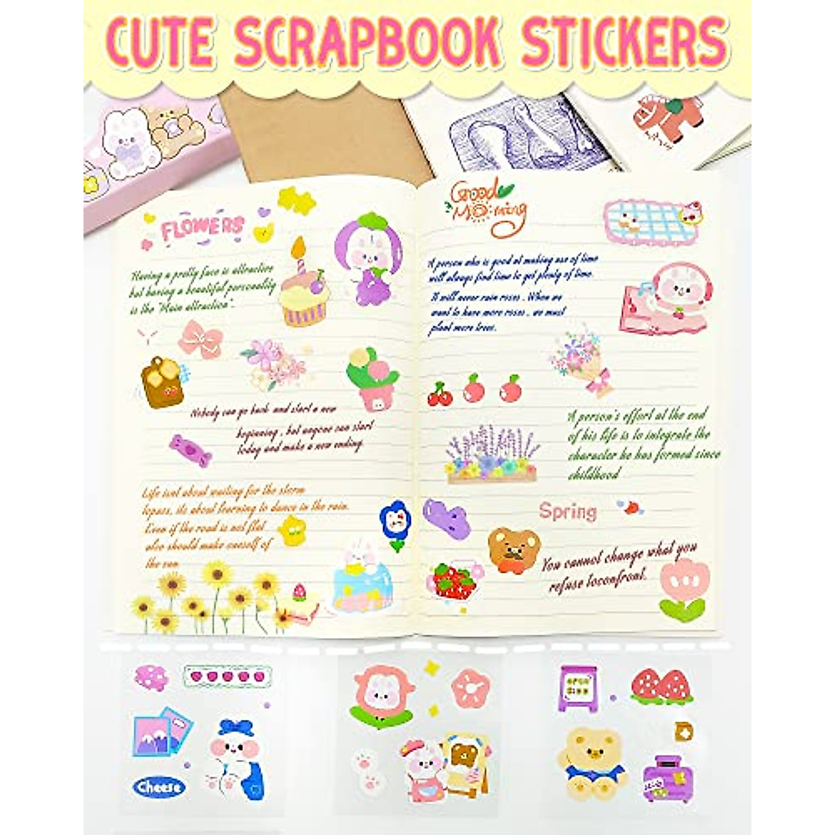 Benresive 1000 Pcs Cute Stickers for Kids, Water Bottle Stickers Kawaii Waterproof Vinyl Scrapbook Phone Laptop Stickers, 100 Sheets Journaling Aesthetic Sticker Packs for Girls Teens（Pink）