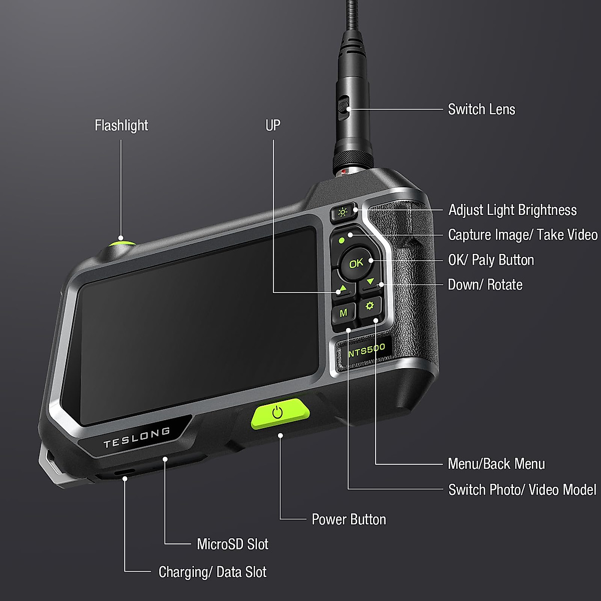 Triple Lens Endoscope with Light, Teslong NTS500 Pro Borescope Inspection Camera with 5inch 720P HD Monitor, Industrial Mechanic Camera Scope, Fiber Optic Snake in Wall Camera(16.5FT)