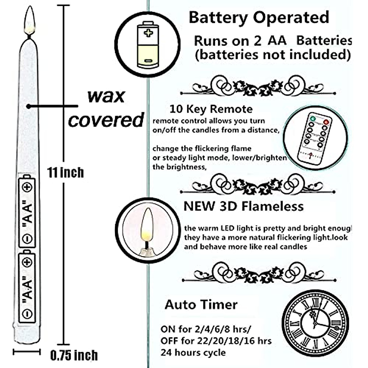 NONNO & ZGF 4 Pack Black 11'' LED Wax Covered Taper Candles, Use 2-AA Battery(not Included Runs 200 Hours,Remote Control, Flameless Battery Operated Decor Candle, Warm White LED
