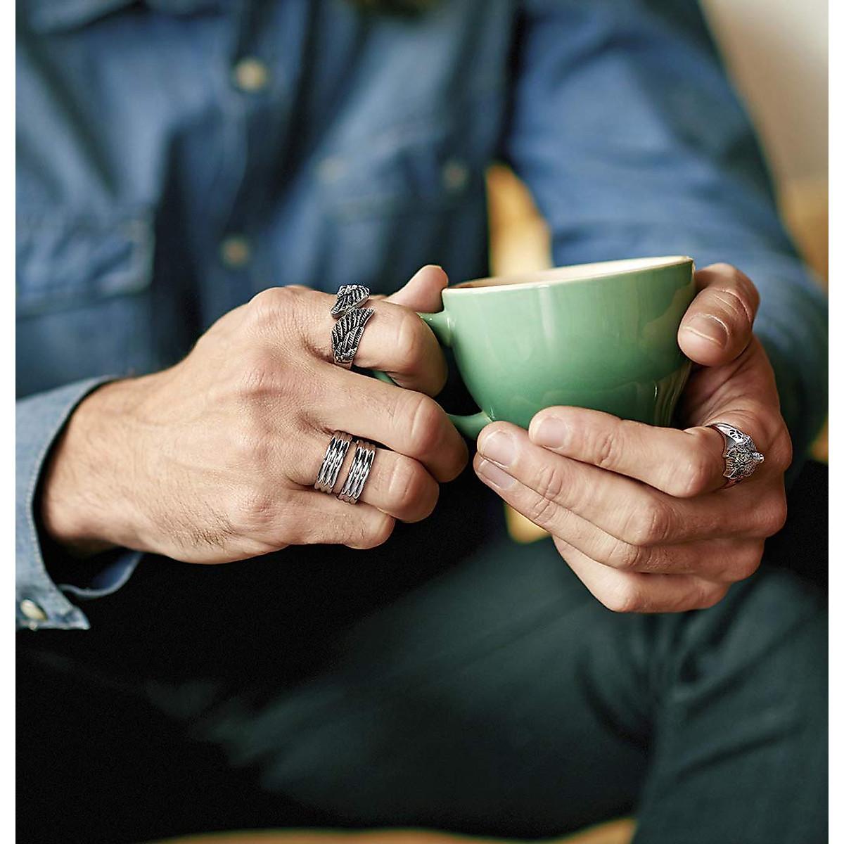 TIGRADE Antique Stainless Steel Ring Feather Angel Wing Cast Black Silver Band Size 5-14.5 (Black,7.5)