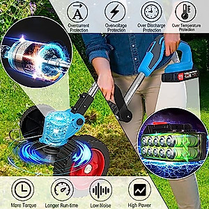 Cordless Weed Wacker Electric Weed Eater with 2 x 21V/2.0Ah Battery Powered and Charger, 3-in-1 Lightweight Brush Cutter Edger Lawn Tool No-String Grass Trimmer Push Wheeled Lawn Mower for Yard Garden