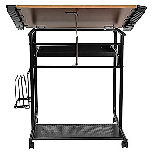 Flash Furniture Swanson Adjustable Drawing and Drafting Table with Black Frame and Dual Wheel Casters, Cherry