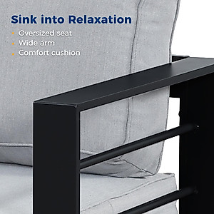 Wisteria Lane Patio Furniture Aluminum Sofa, All-Weather Outdoor 3 Seats Couch, Black Metal Chair with Light Grey Cushions