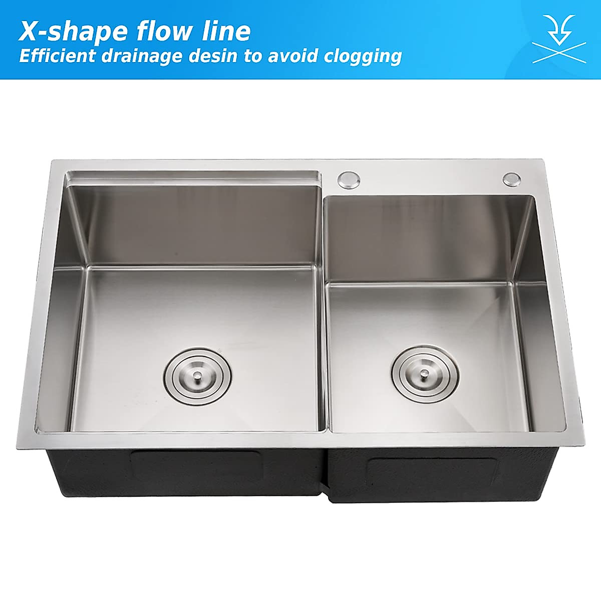 33 Inch Drop in Kitchen Sink Double Bowl Splash Guard Workstation - 33 Inch Topmount Stainless Steel Kitchen Sink 16 Gauge Stainless Steel 10'' Deep Handmade Kitchen Sink with Cutting Board& Strainer