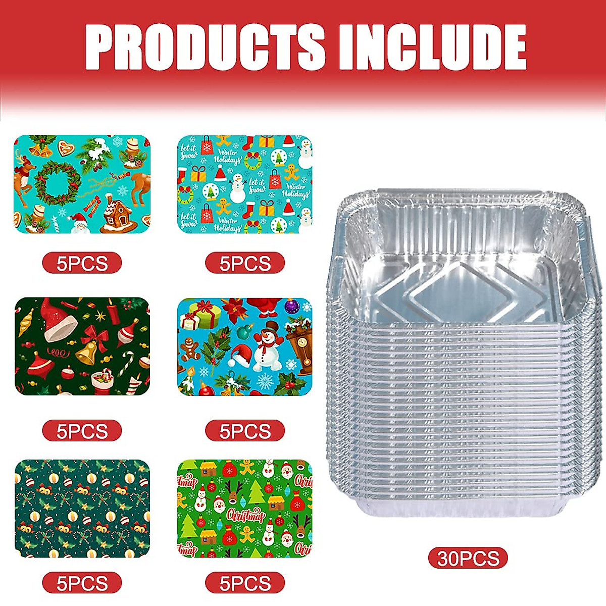 HABDJILTY 30 Christmas Tin Foil Containers with Lid Covers For Cookies Christmas Treat Foil Containers Aluminum Treat Exchange & Goody Party Leftovers for Holiday Festival Christmas