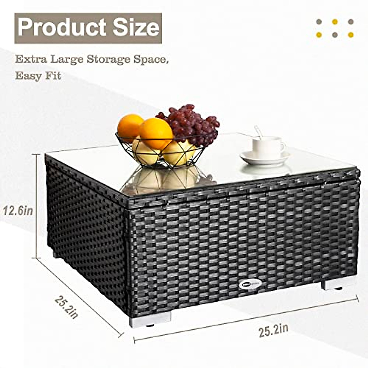 DIMAR GARDEN Outdoor Coffee Table Wicker Patio Side Table with Glass Top,25.2in Black