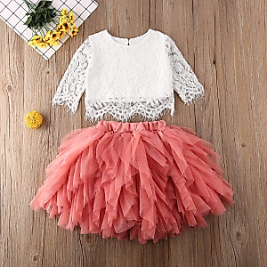Goelsakurara 2PCS Kids Baby Girl Lace Hollow T-Shirt Tops+Tutu Skirt Toddler Ruffle Layers Dresses Outfits Birthday Party Pink, 3-4T