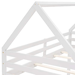 MERITLINE House Shaped Bunk Bed Twin Over Twin Size Wood Bunk Bed Frame Low Bunk Beds for Kids and Toddlers, Twin Size,White