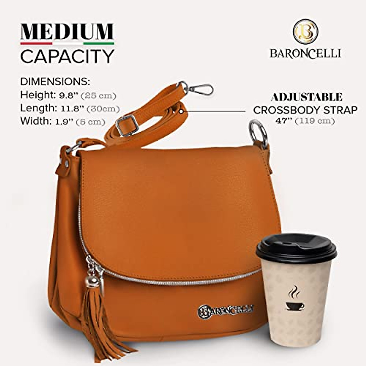 Baroncelli Italian Light Brown Leather Purse for Women with Long Strap Genuine Leather Made in Italy