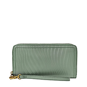 Fossil Women's Logan Leather Wallet RFID Blocking Zip Around Clutch with Wristlet Strap, Sage (Model: SL6570343)