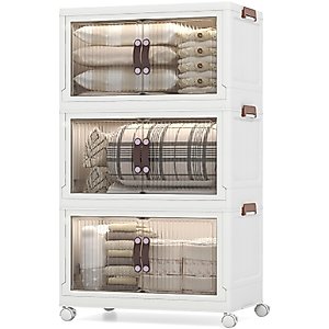 Giantex 3-tier Collapsible Storage Bins with Wheels and Lid, 60 Gal Stackable Storage Boxes Organizers, Front and Top Open, Foldable Plastic Containers for Kitchen Office Dorm (25.5" x 16" x 43.5")