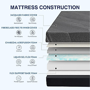 CH CHARME HOUSE Bamboo-Charcoal King Memory Foam Mattress 10 Inch, Liquid Gel Mattress for Cool Sleep and Relieve Pressure, Bed in a Box, Made in USA, 76”x80”x10”, Black